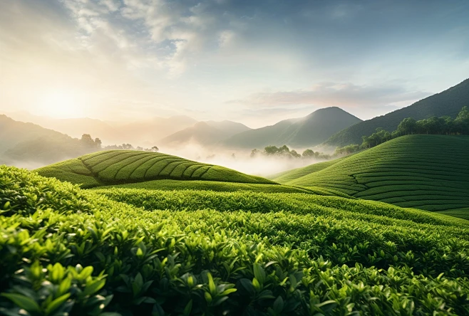 Chinese tea field, mountain in the back, serene atmosphere, sunrise ...