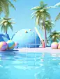 Summer, a 3d rendering illustration, a large swimming pool inside the ...
