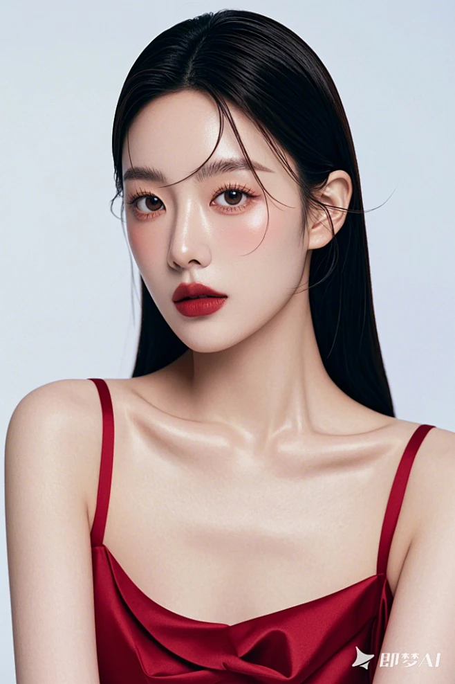 摄影人像，御姐写真，向左歪头，芊芊玉手，肤白透亮，标准正面半身证件照，五官立体，不要碎发，正面照，头上留2厘米空白，高级精致五官，淡妆，东方 ...