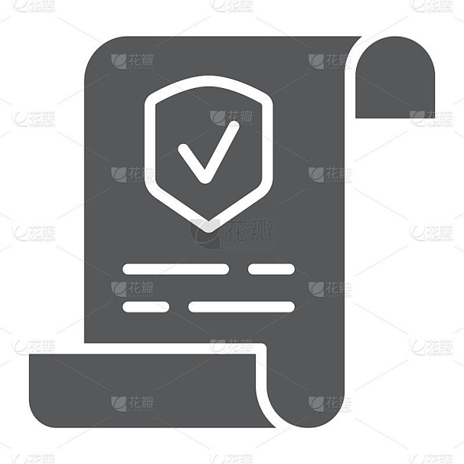 政策符号图标，文件和合同，保险文件签字，矢量图形，白色背景上的固体模式。