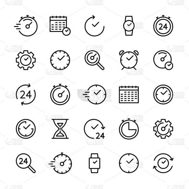 时间和时钟向量相关的线性图标集.时间管理。日历，时间，日期，倒计时，计时器等等。Icon set f