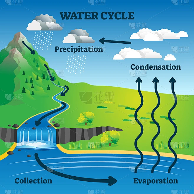 Water cycle vector illustration. Labeled earth hyd素材-花瓣网