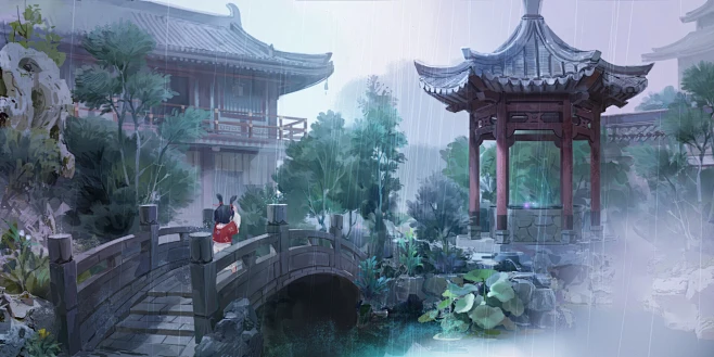 Jardins sous la pluie, Minhua Fang : scene painted for "dream of tang ...