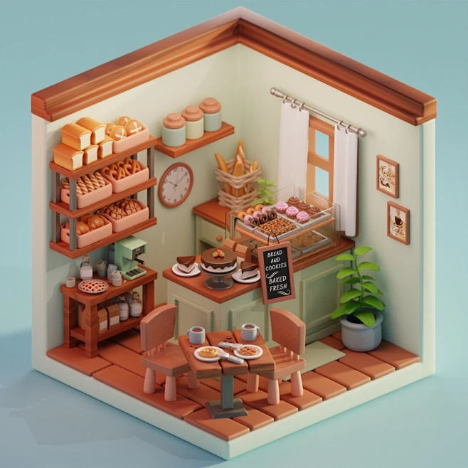 3D Cute Isometric Bakery made in Blender-花瓣网