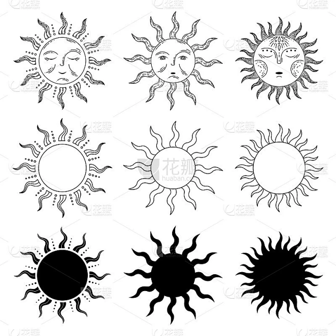 套3太阳在复古风格，线条艺术和简单的风格。星星。占星学,天文学。神奇的迹象。素材-花瓣网