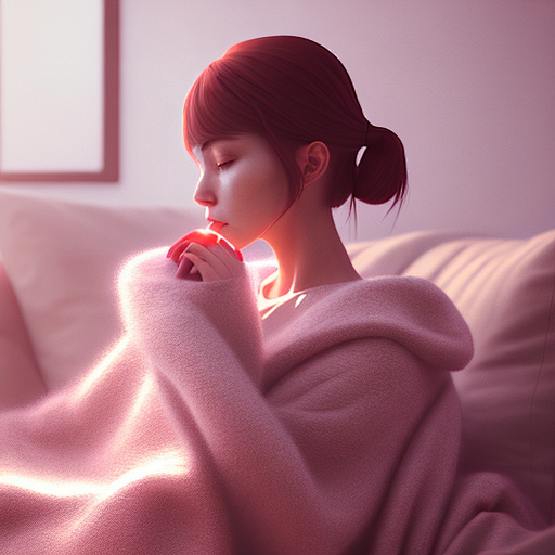 3d渲染的灵感来自于一个可爱的女人，红色的脸红，穿着休闲的衣服，微笑，在沙发上放松，蜷缩在毯子下，舒适的客厅，中等拍摄，8 k，辛烷值渲染，在artstation上流行，art by ...