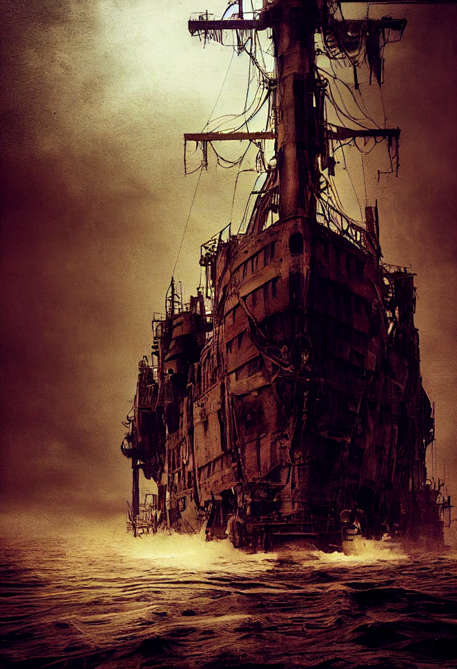 A massive dieselpunk pirate ship, sailing the seas of oil slicks, wind ...