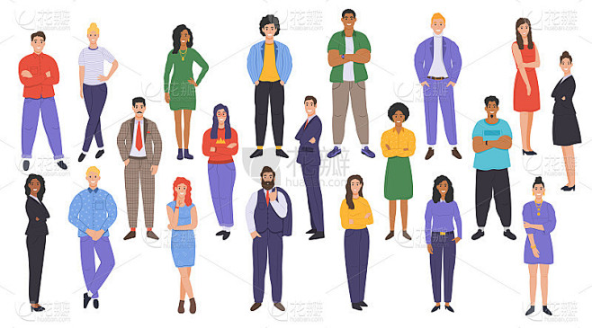 多文化人群。不同种族和文化的人。卡通人物设置在平面设计风格。向量