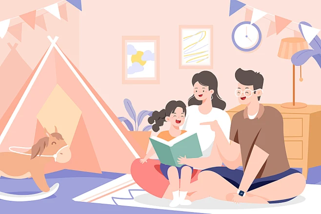 扁平渐变插画温馨家人教育-花瓣网
