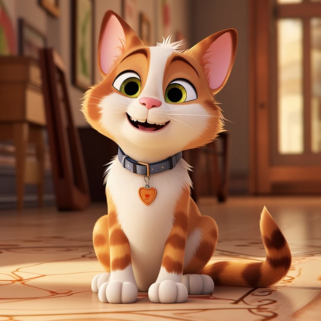 disney style calico cat, pixar, sitting with paws on the floor, facing ...