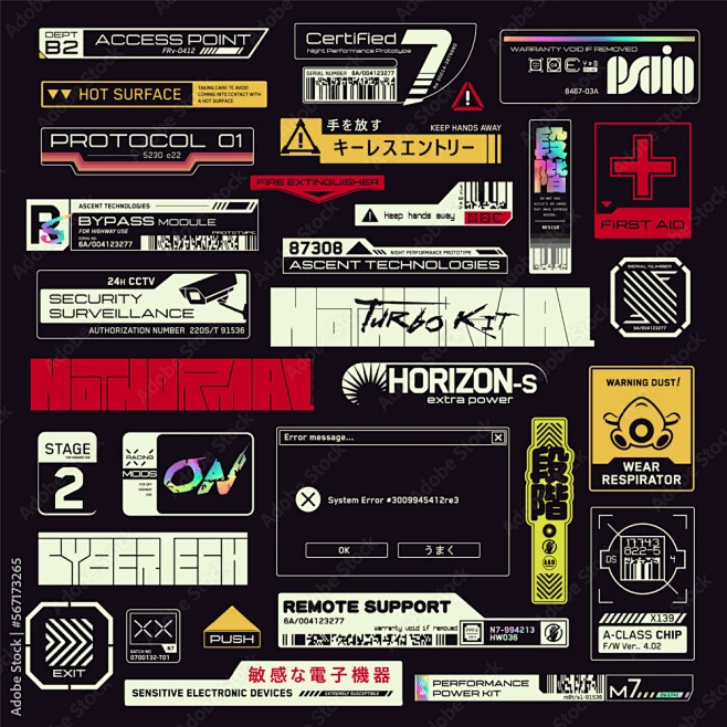 Cyberpunk decals set. Set of vector stickers and labels in futuristic ...