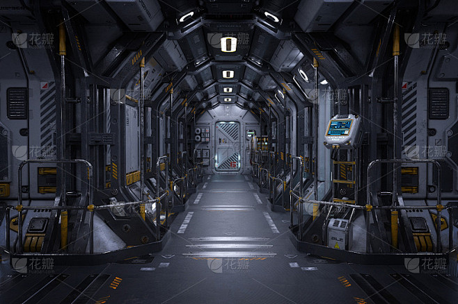 未来太空站或太空船内部走廊。科幻概念3D渲染。