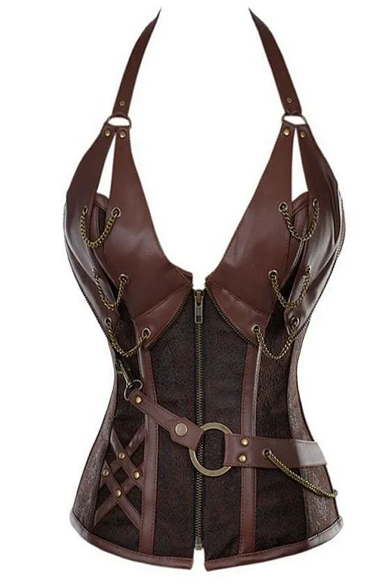 Sexy Brown Steel Bone Faux Leather Steampunk Gothic Corset Lingerie ...