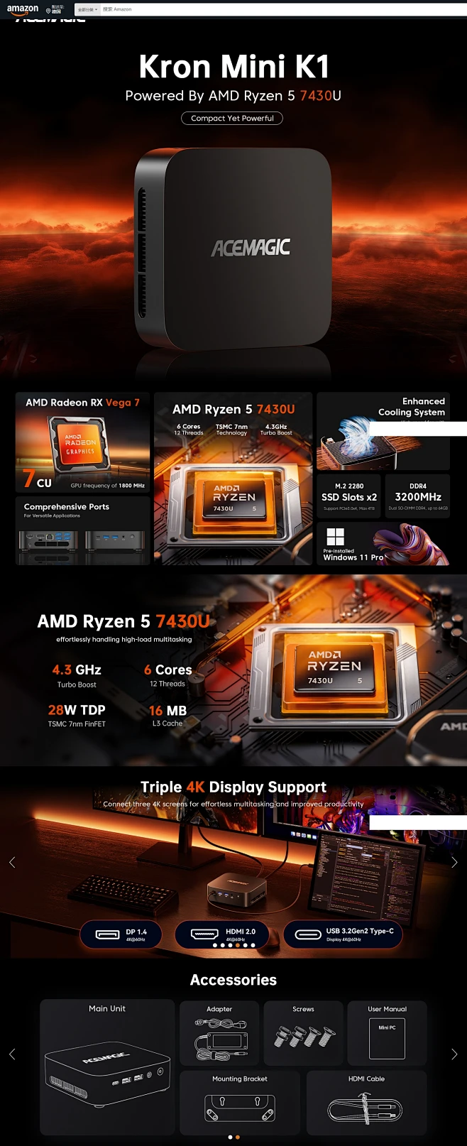 Amazon.com: ACEMAGICIAN Kron 迷你 K1 迷你电脑游戏,AMD 锐龙 5 7430U(相当于5850U,6C/12T,高达 4.3GHz),16GB DDR4 ...