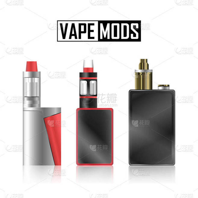 Vape Mod。电子烟集。炫彩矢量蒸发分离在白色背景上的设备。趋势的新文化。插图.
