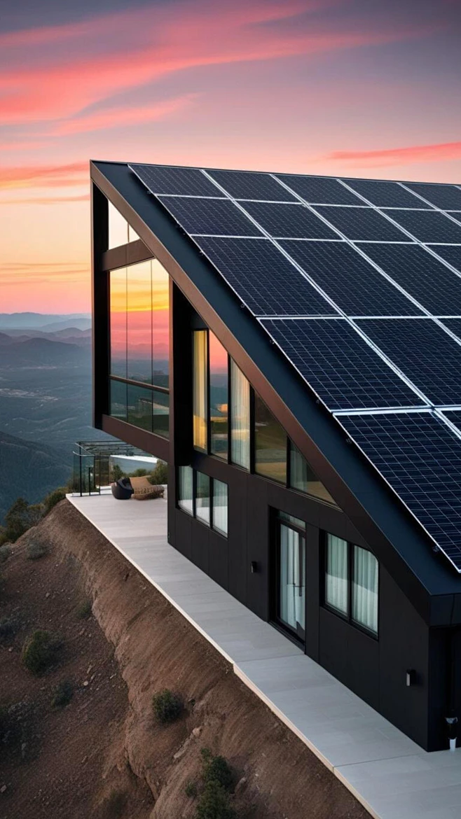 This may contain: a house with solar panels on the roof and side ...