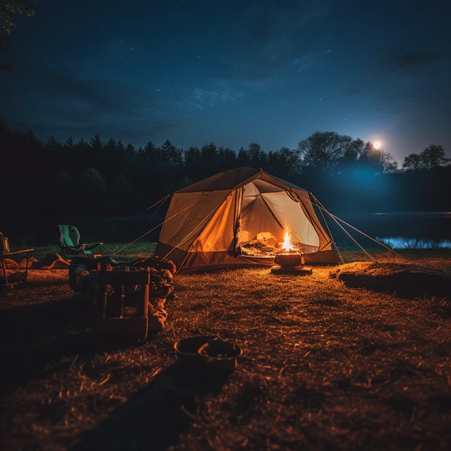 at night, outdoor camping situation, tent, sleeping bag, grill, summer ...
