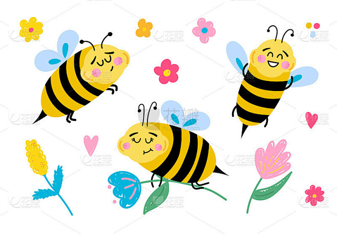 Vector illustration with cute cartoon bees and flo