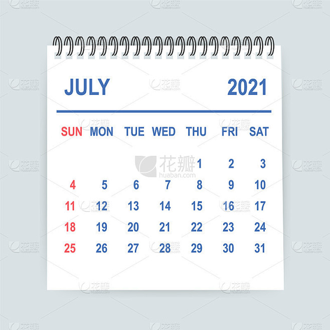 2021年7月日历叶。日历2021平风格。矢量插图。