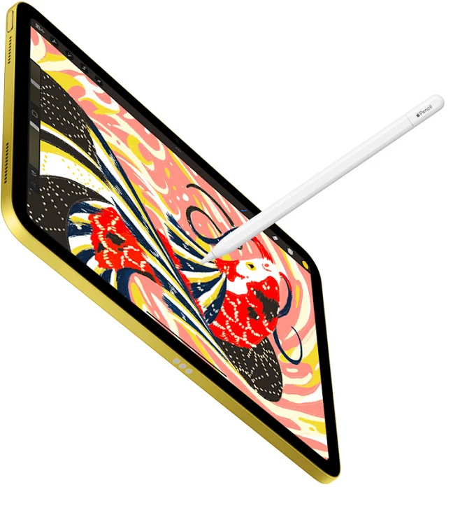 iPad 上展示在 Procreate app 中绘制的鱼的彩色插画，Apple Pencil 正在 iPad 上作画。-花瓣网