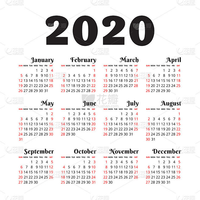 English calendar 2020 year. Vector square calender