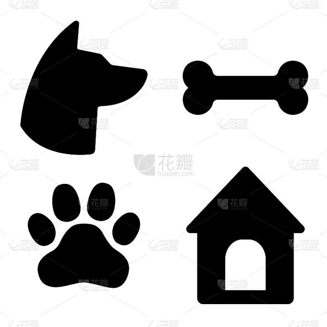 Dog Icons Set. Dog head, paw, bone, dog house. Vec素材-花瓣网
