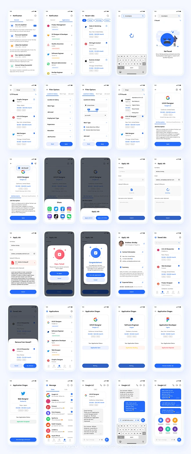 200多屏求职应聘招聘找工作app界面设计蓝色ui套件明暗模板下载_颜格视觉-花瓣网