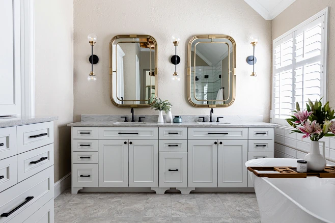 Example of a large transitional master white tile and ceramic tile ...