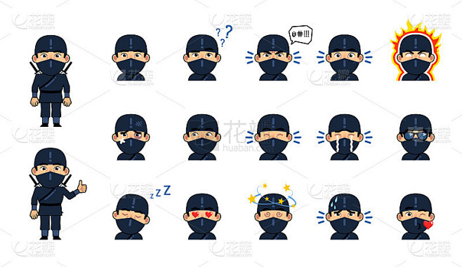 一组千叶忍者的表情。卡哇伊忍者表情符号，展现了多种多样的面部表情。头晕、生气、发怒、恋爱、疲倦、思考