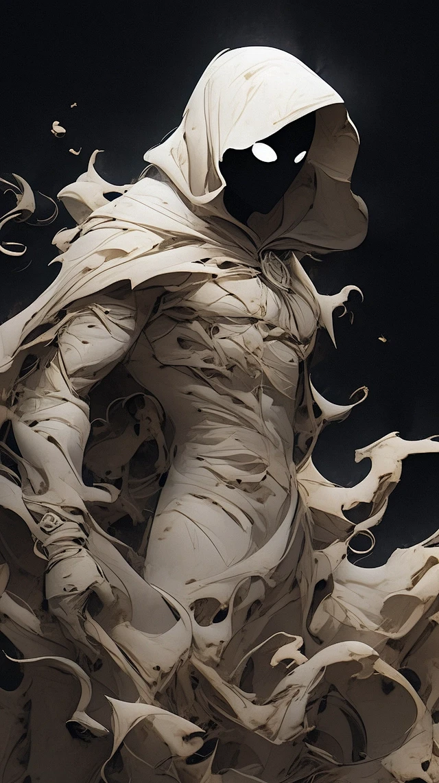 The Moon Knight dissolving into swirling sand, volumetric dust ...