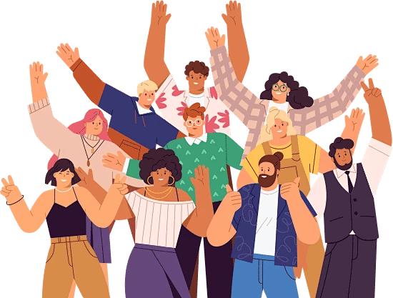 Group of happy people standing together, waving and inviting new ...