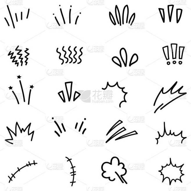 矢量一组手绘漫画表达符号涂鸦、曲线方向箭头、情感效果设计元素、卡通人物情感符号、可爱的装饰笔划线条.
