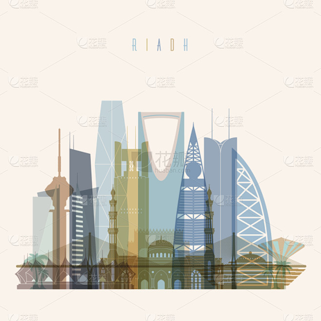 利雅得,城市天际线,沙特阿拉伯,波斯湾,著名景点,涂料,背景,绘画插图,市区,剪影