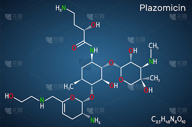 Plazomicin,分子。它是氨基糖苷类抗生素，用于尿路感染或肾盂肾炎。深蓝色背景上的结构化学式