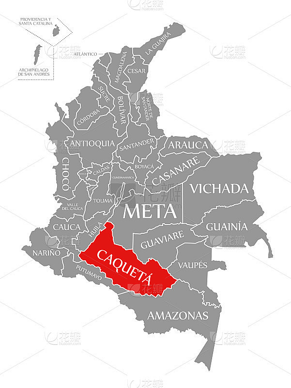 哥伦比亚地图中用红色标出卡克塔