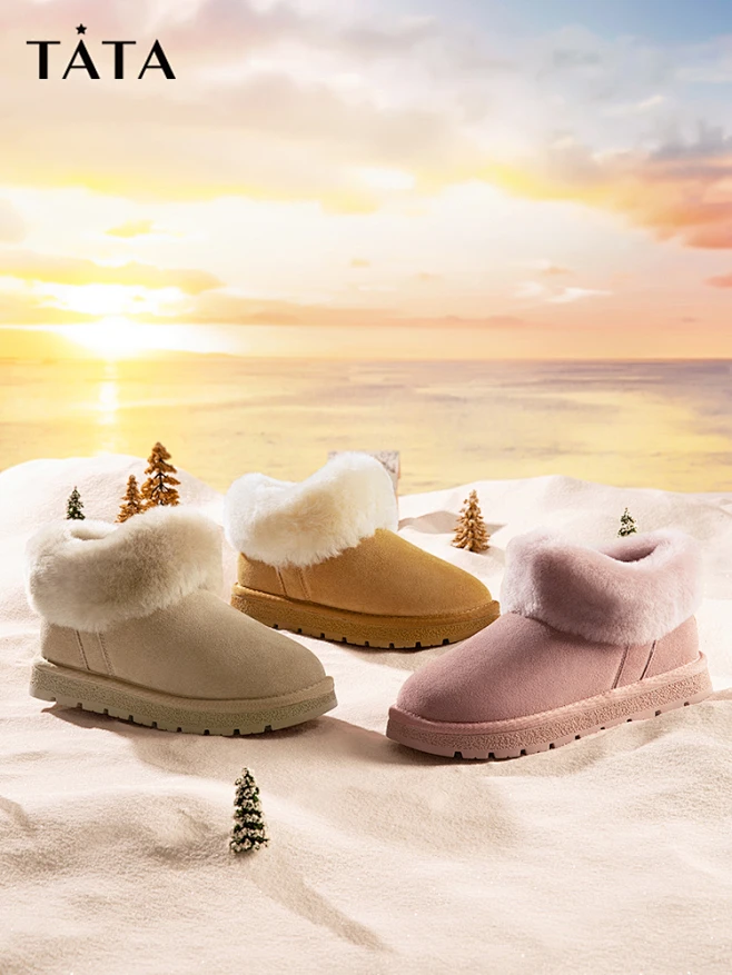 Tata他她短筒加绒雪地靴女加厚保暖防滑平底棉鞋2022冬新WDX10DD2-tmall-花瓣网