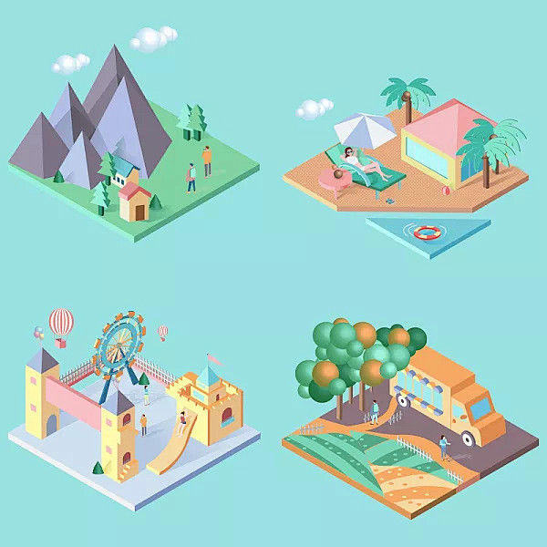 2.5d旅游场景插画元素