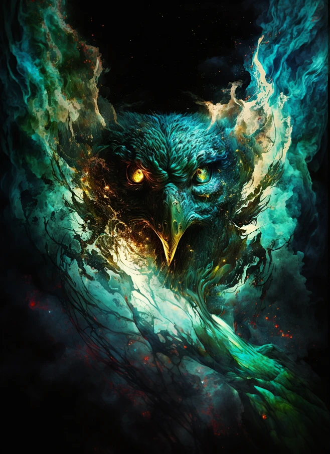 The angelic celestial beast made of a magical malachite nebula, lurks ...