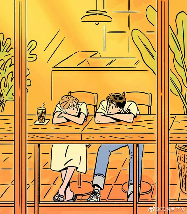韩国插画师grim_b画出与妻子生活中的甜蜜瞬间，配色也太温柔了 。来自微博 艺术家了没-花瓣网
