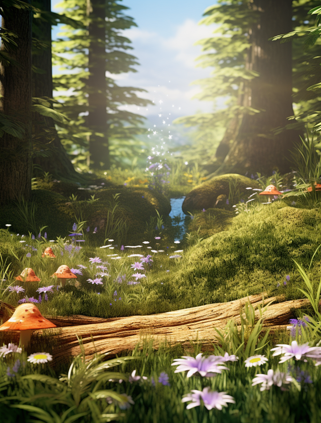 a fairy scene in a wooded area, in the style of daz3d, flat backgrounds ...