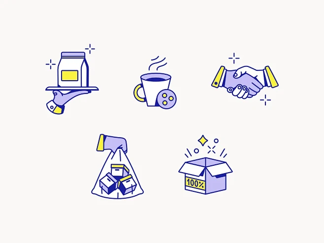 Product Packaging Illustrations box cute food hand handshake icon set ...