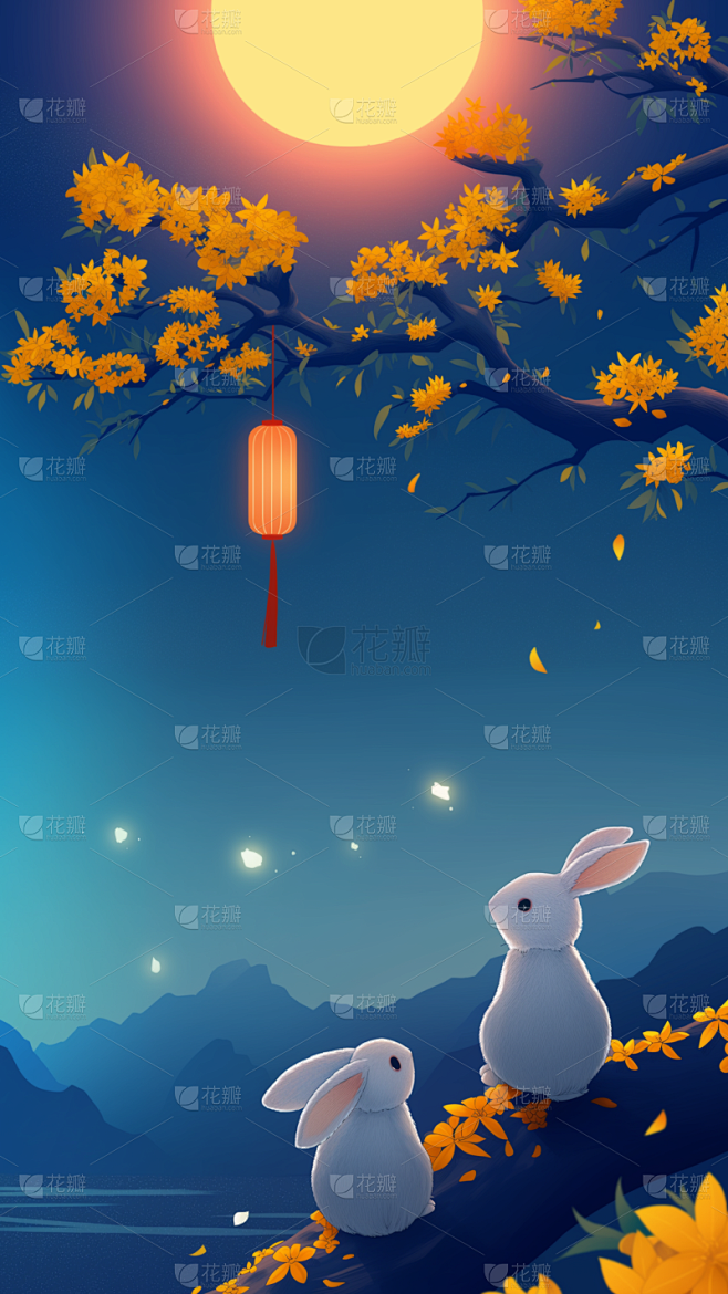 中秋节卡通兔子望月通用背景素材