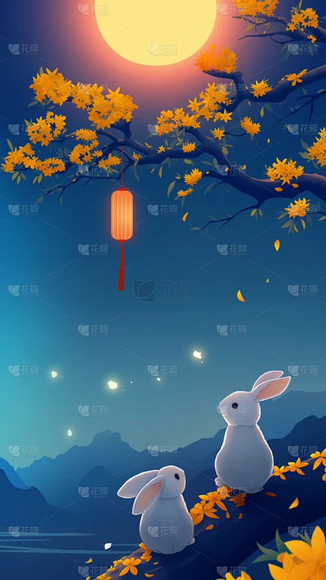 中秋节卡通兔子望月通用背景素材素材-花瓣网