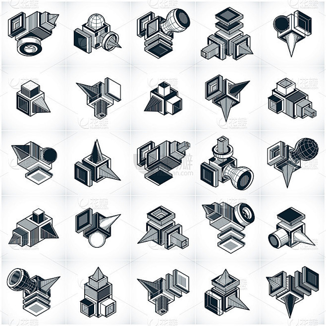 Set of isometric abstract vector geometric shapes.