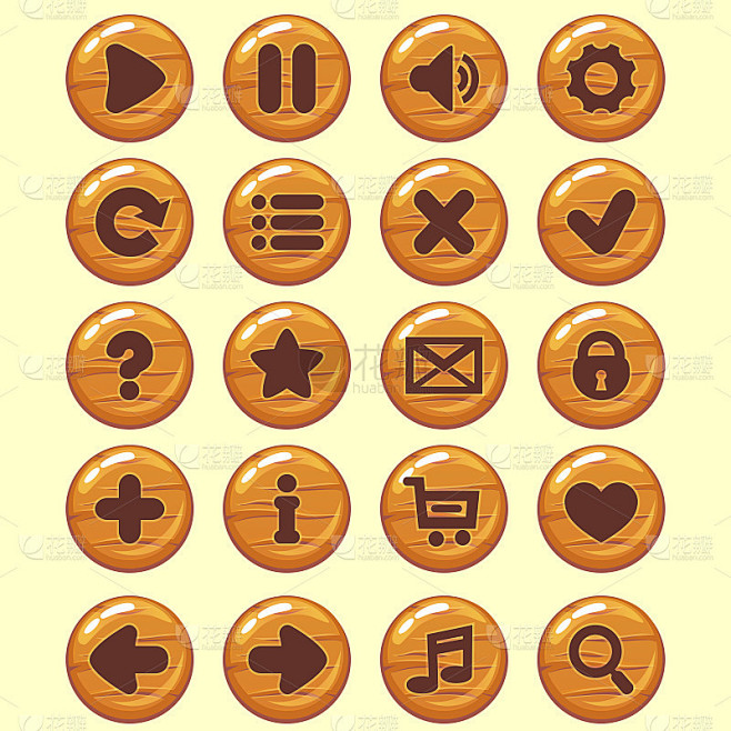 GUI wooden round buttons set. Game menu icons