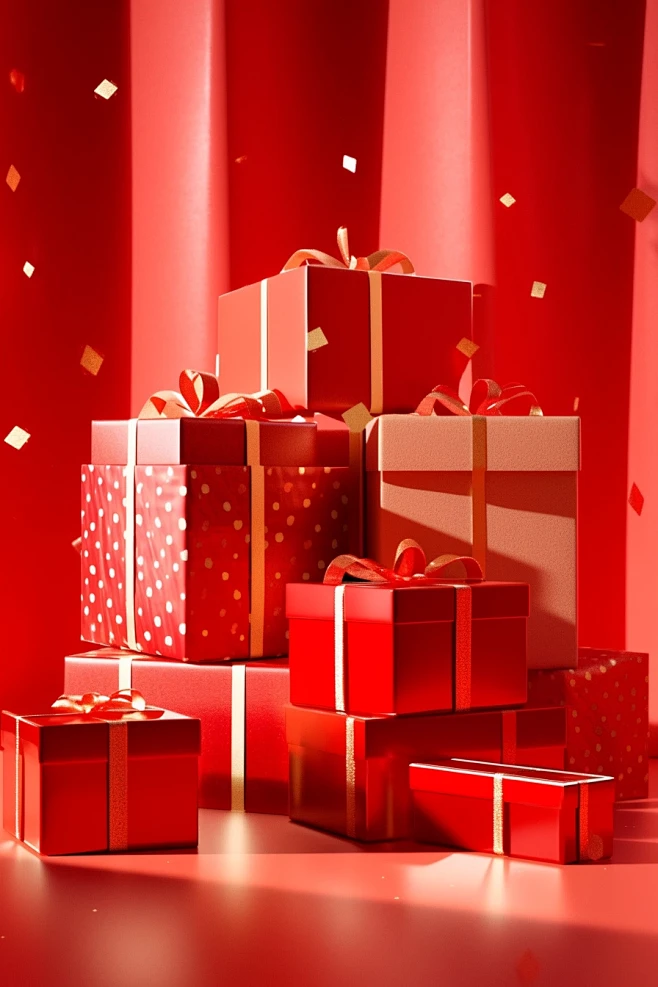 Gifts with red boxes and gold foil on a shelf, in the style of ...