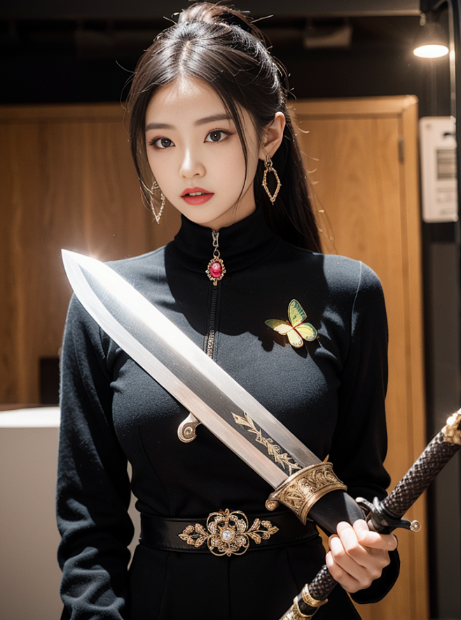 00191-4265099664-1 Girl, solo, weapons, black hair, jewelry, sword ...