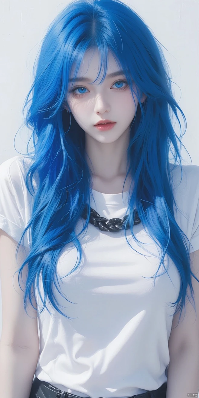 DONGMANG, WALLPER a vibrant blue haired woman with long wavy blue hair ...