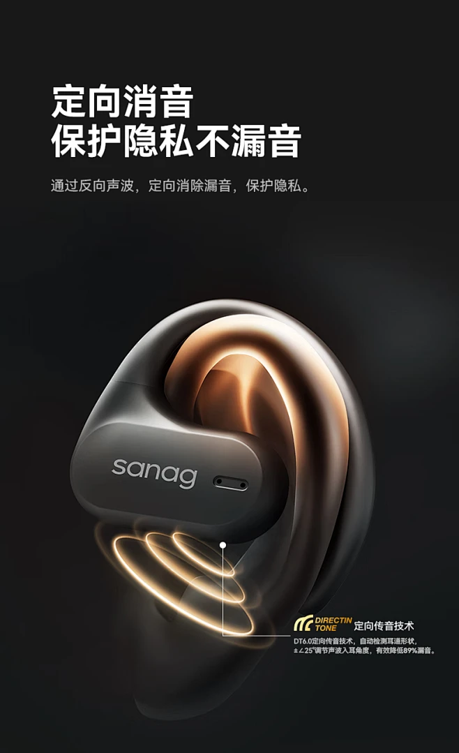 SANAG塞那【臻品认证】蓝牙耳机挂耳式运动不入耳气骨传导Z7 PRO户外骑行跑步降噪长续航高端企业礼物 静谧黑丨DT6.0定向传音丨ENC ...