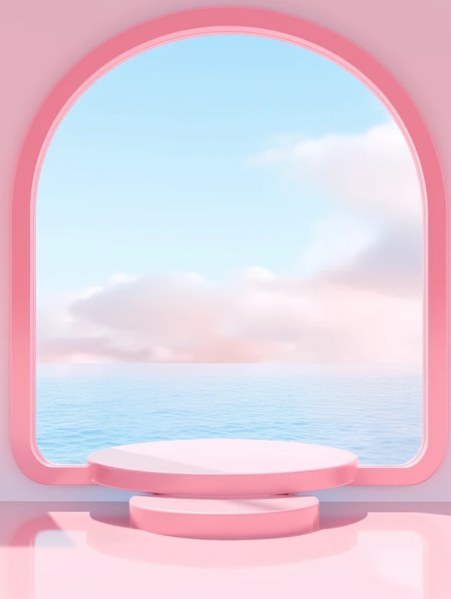 the round mirror on the pink background shows the ocean, in the style ...